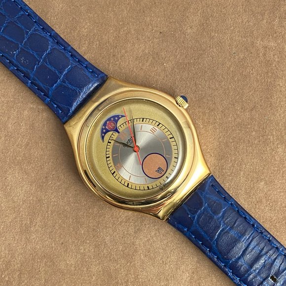 Swatch | Accessories | Stunning Gold And Blue Leather Swatch Moon Watch ...